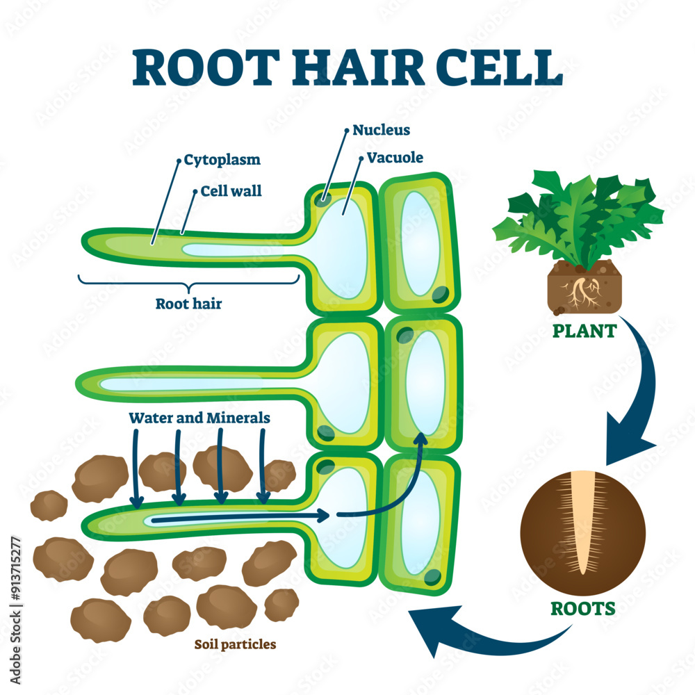 Root hair cell collecting mineral nutrients and water from soil ...