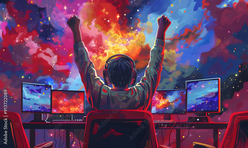 Professional E-Sports gamer rejoices in the victory in the blue light ...