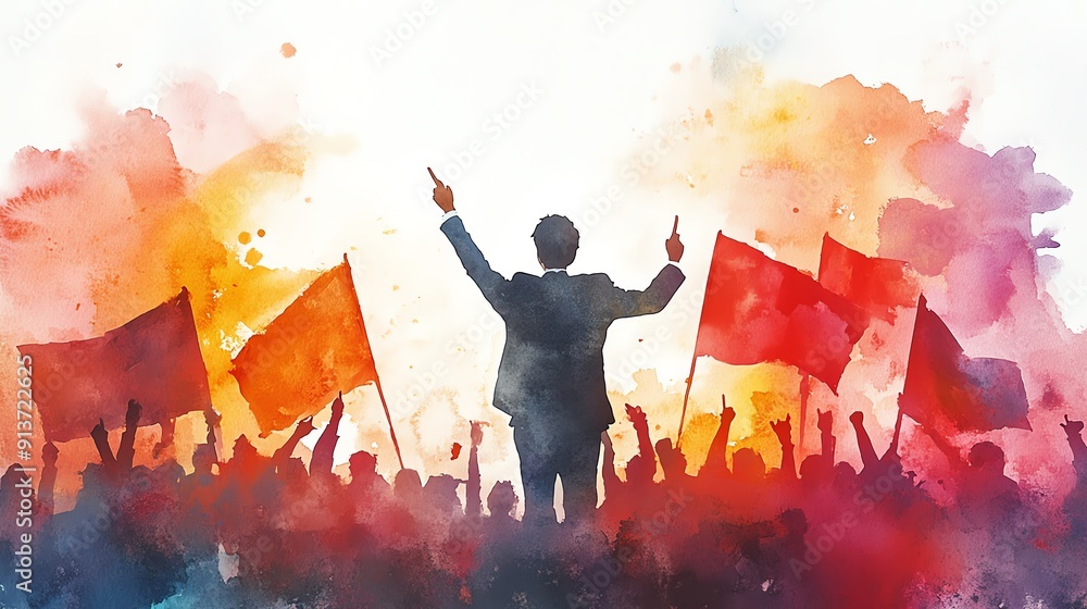 Political candidate giving a passionate speech at a rally, with ...