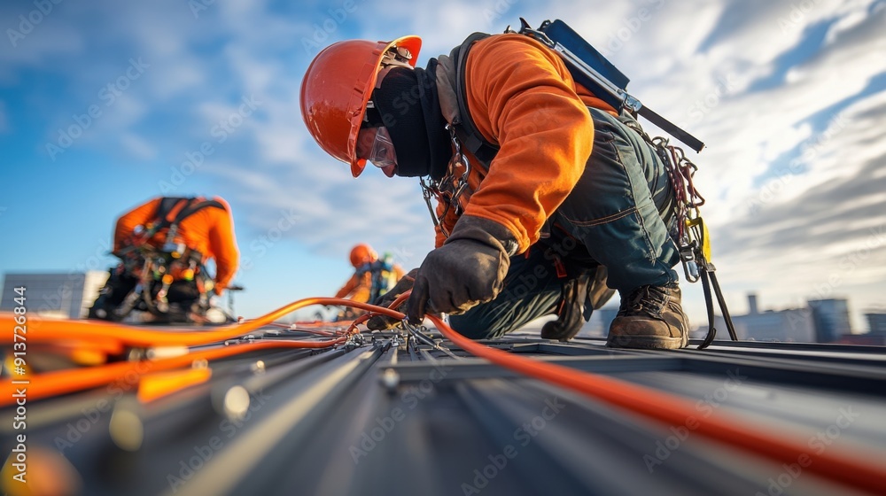 A team of specialists carefully mounting a lightning rod on the rooftop ...