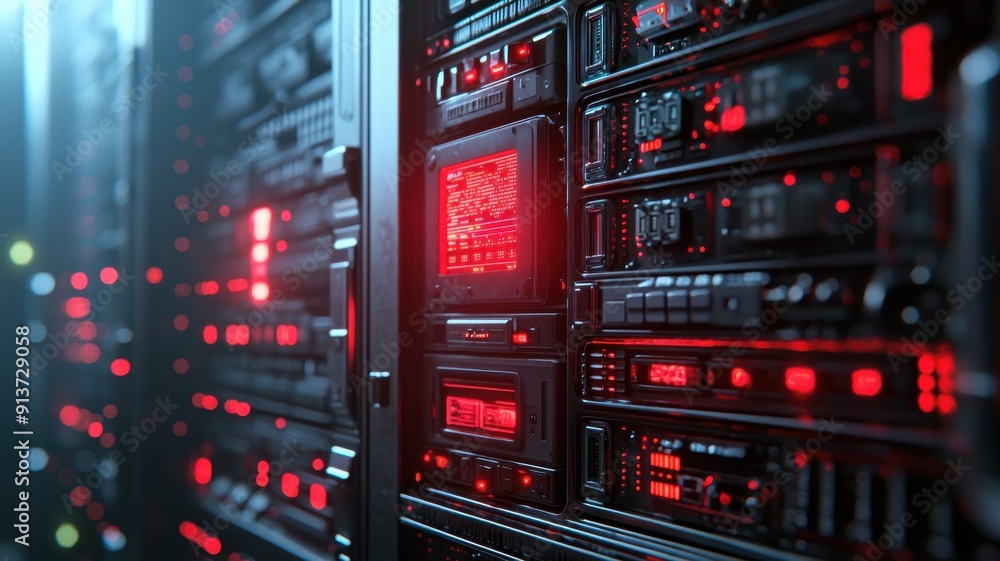 A detailed close-up of a cloud server rack, with red warning lights and ...