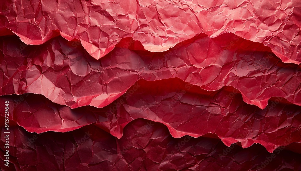 Crumpled red paper background with deep creases and textured folds ...
