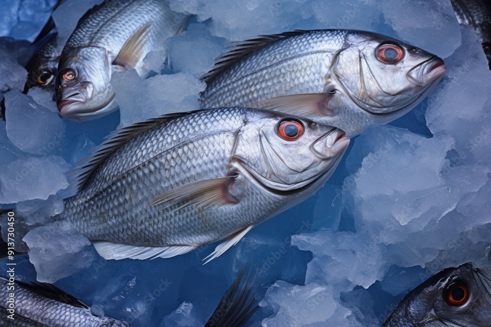 Top view of chilled sea bream fish, displayed on crushed ice, ready for ...