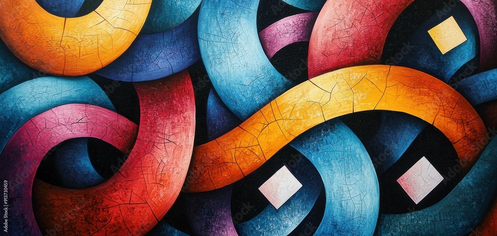 An abstract painting depicting a twisted path with broken signs and ...