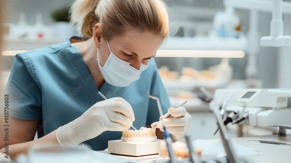 Dental professional working on a dental model with tools in a dental ...
