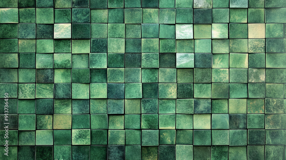 Geometric green square tiles form a seamless pattern, creating a mosaic ...