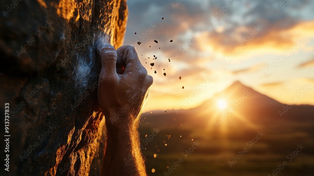 A climber is hand gripping a rugged rock face, with chalk dust ...