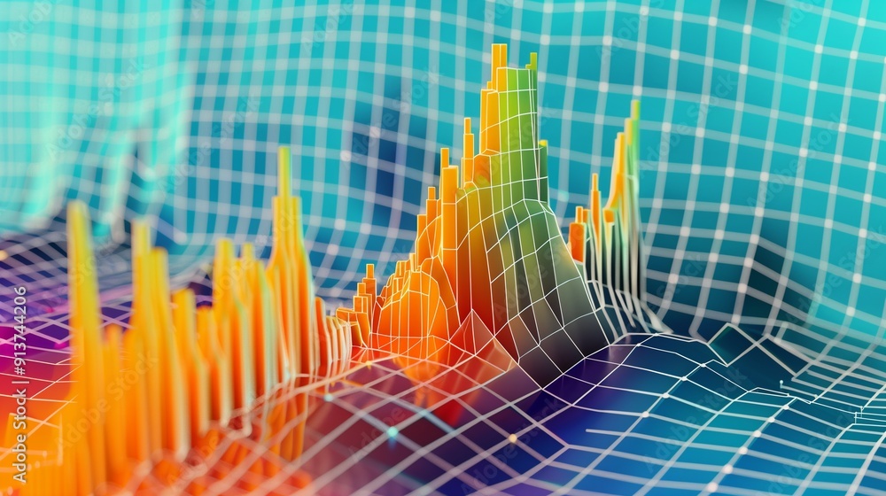 3D graph with colorful peaks and a grid background representing data ...