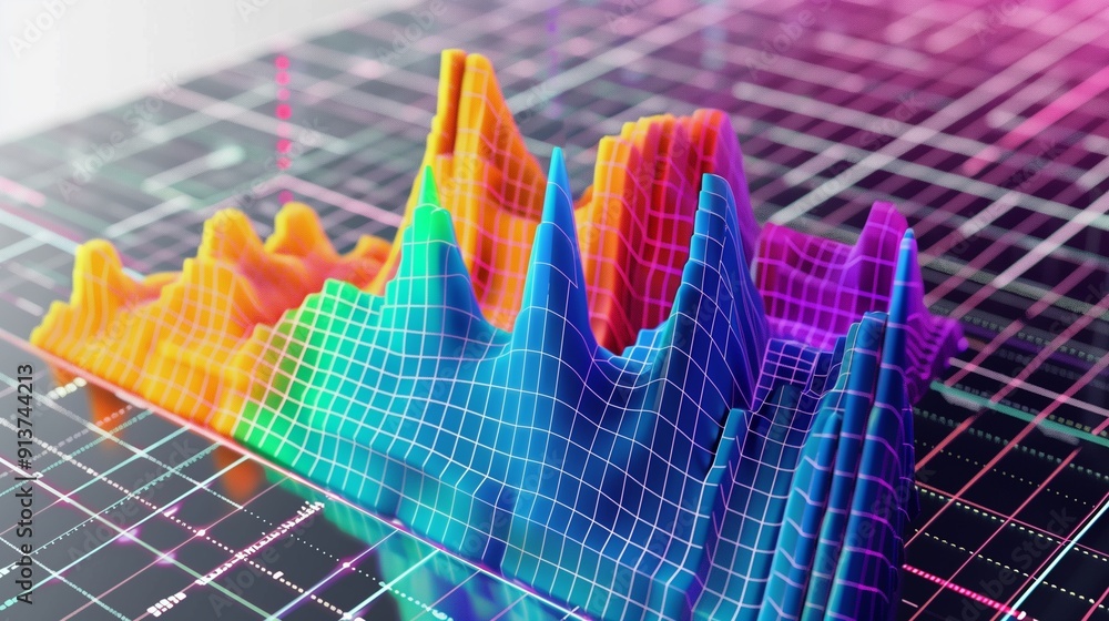 A vibrant 3D chart with colorful peaks and valleys on a grid background ...