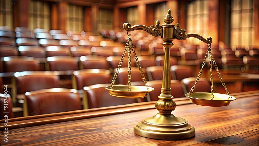 Golden scales of justice in the light of a courtroom, courtroom ...