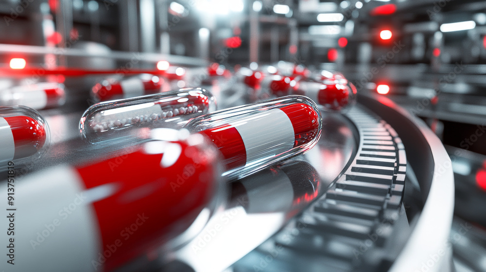 3D image showing the pharmaceutical industry, where medicines are made ...