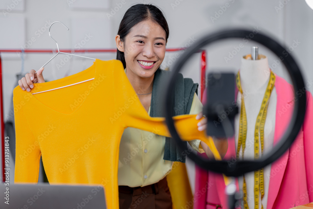 Beautiful sme woman describe selling clothes on camera live broadcast ...