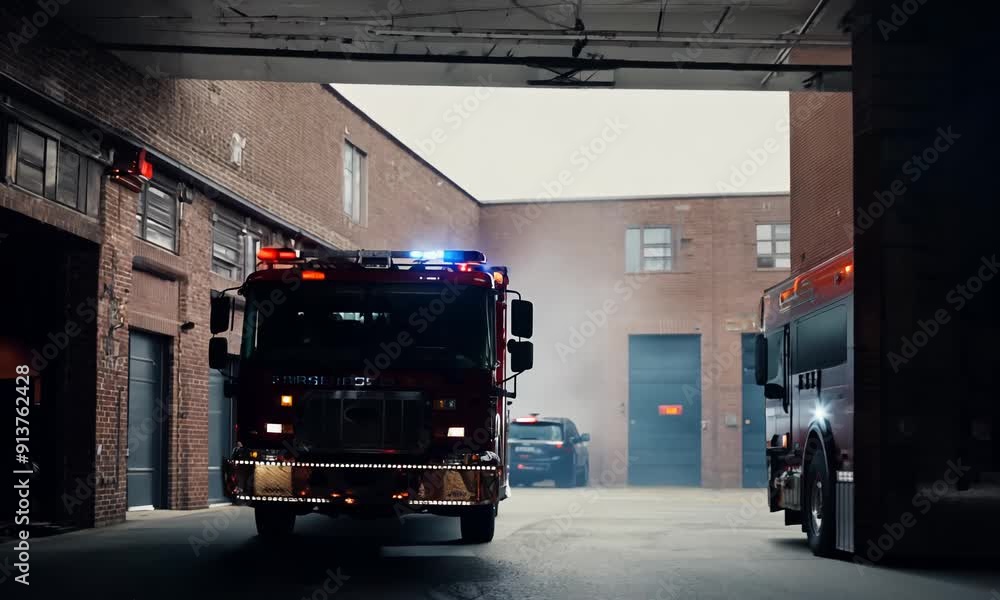 Fire truck leaving a fire station in an urban setting, illustrating the ...