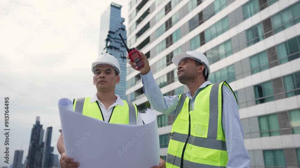 Two construction workers reviewing blueprints at a construction site ...