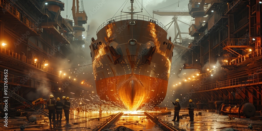 Ship Under Construction with Sparks Flying. Workers oversee a large ...