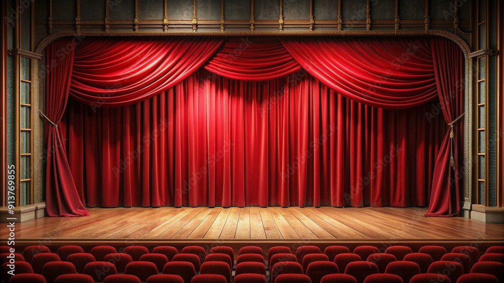 Empty theater stage with red velvet curtains, theater, stage, empty ...