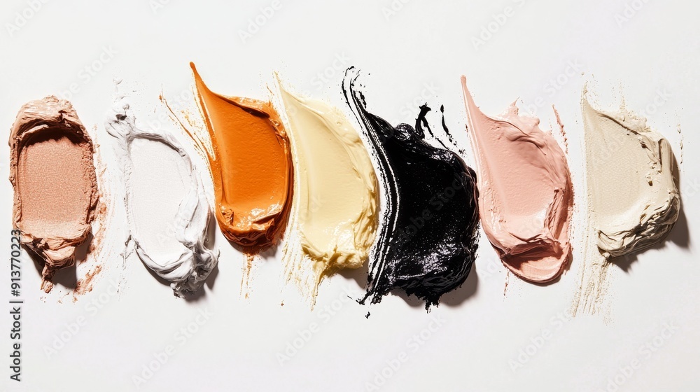 Various skincare and makeup product textures are artistically smeared ...