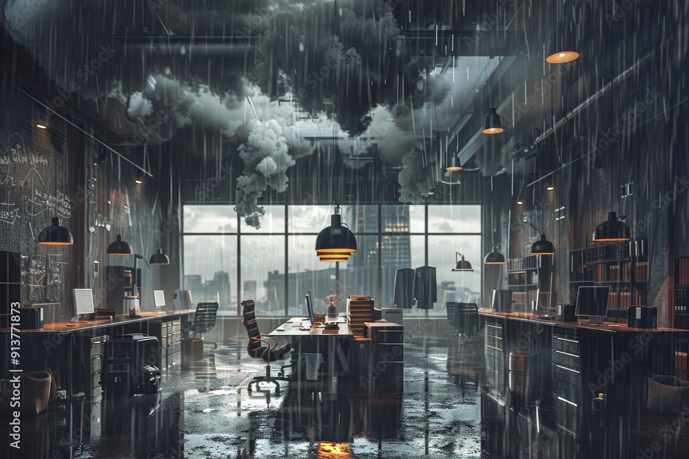 Toxic Workplace Stress Depiction with Dark Clouds and Rain Above Modern ...