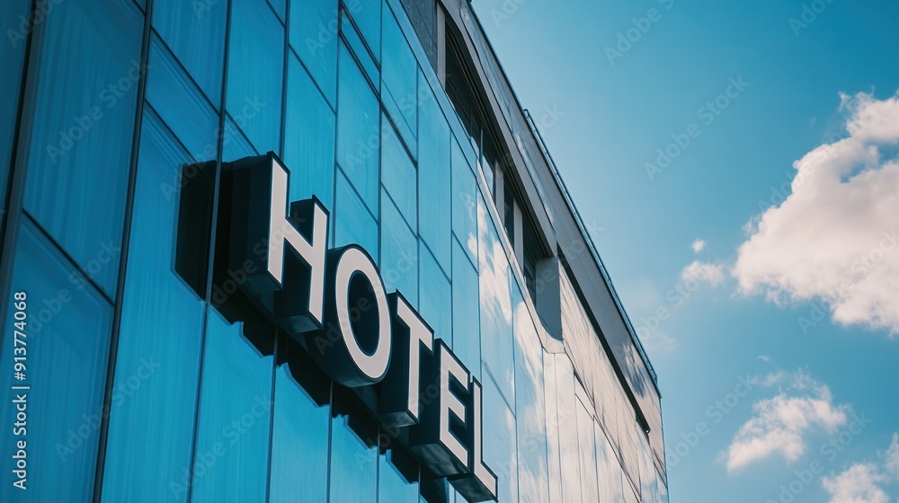 Hotel exterior with a sign HOTEL on the building facade and a blue sky ...