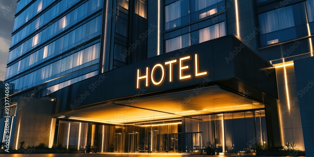 Hotel exterior with an illuminated sign HOTEL on the building facade at ...