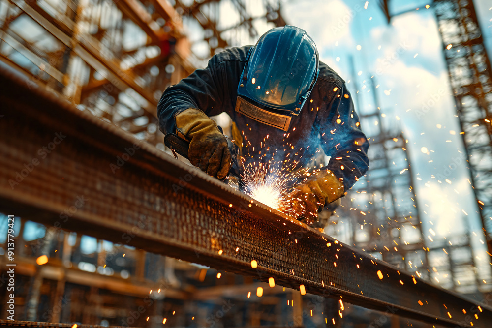 Welder wearing safety gear and helmet working at a construction site ...