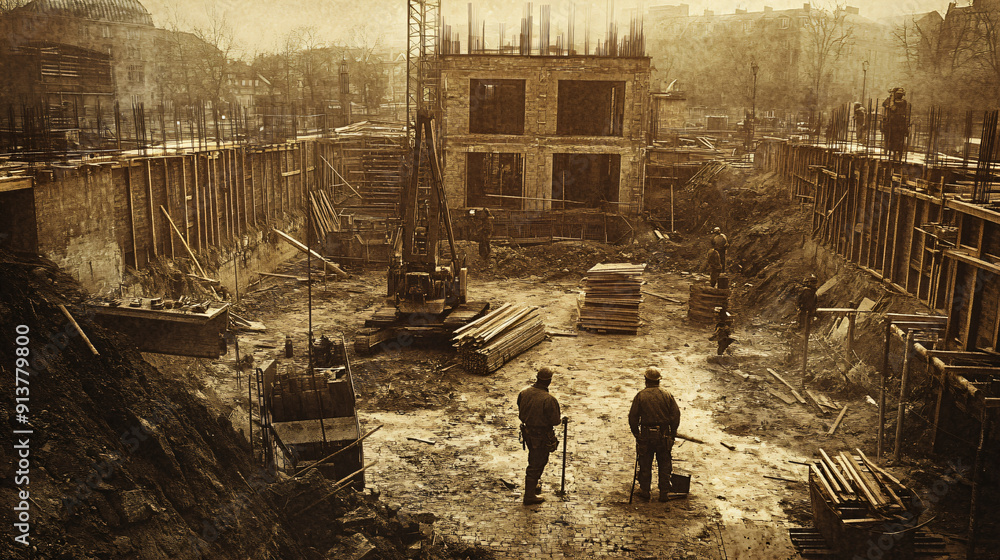 Vintage photograph of construction workers restoring a brick building ...