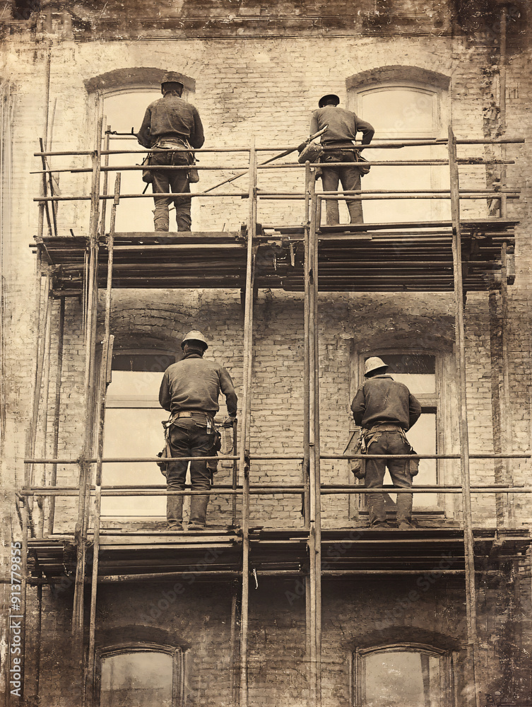 Vintage photograph of construction workers restoring a brick building ...