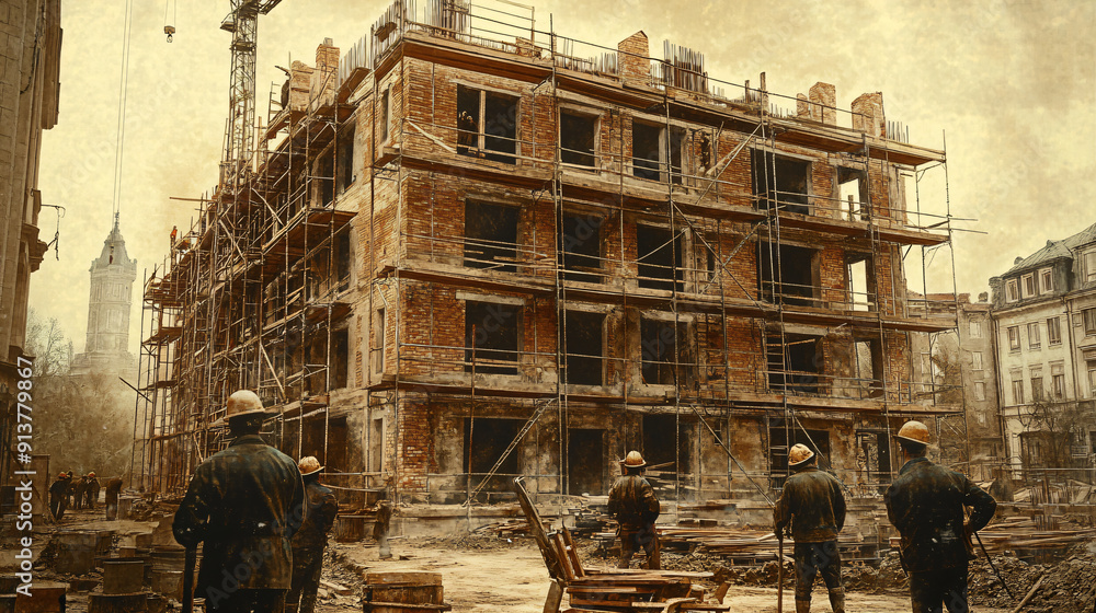 Historical photograph of construction workers in safety gear restoring ...