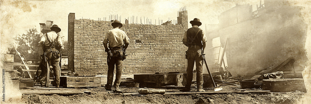 Vintage photograph of construction workers restoring a brick building ...