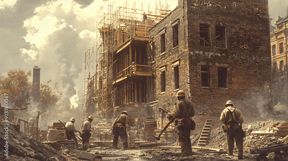 Vintage photograph of construction workers restoring a brick building ...