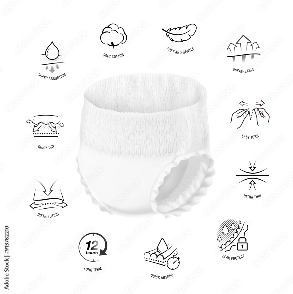 Detailed diaper pant mockup with set icons. Vector illustration ...
