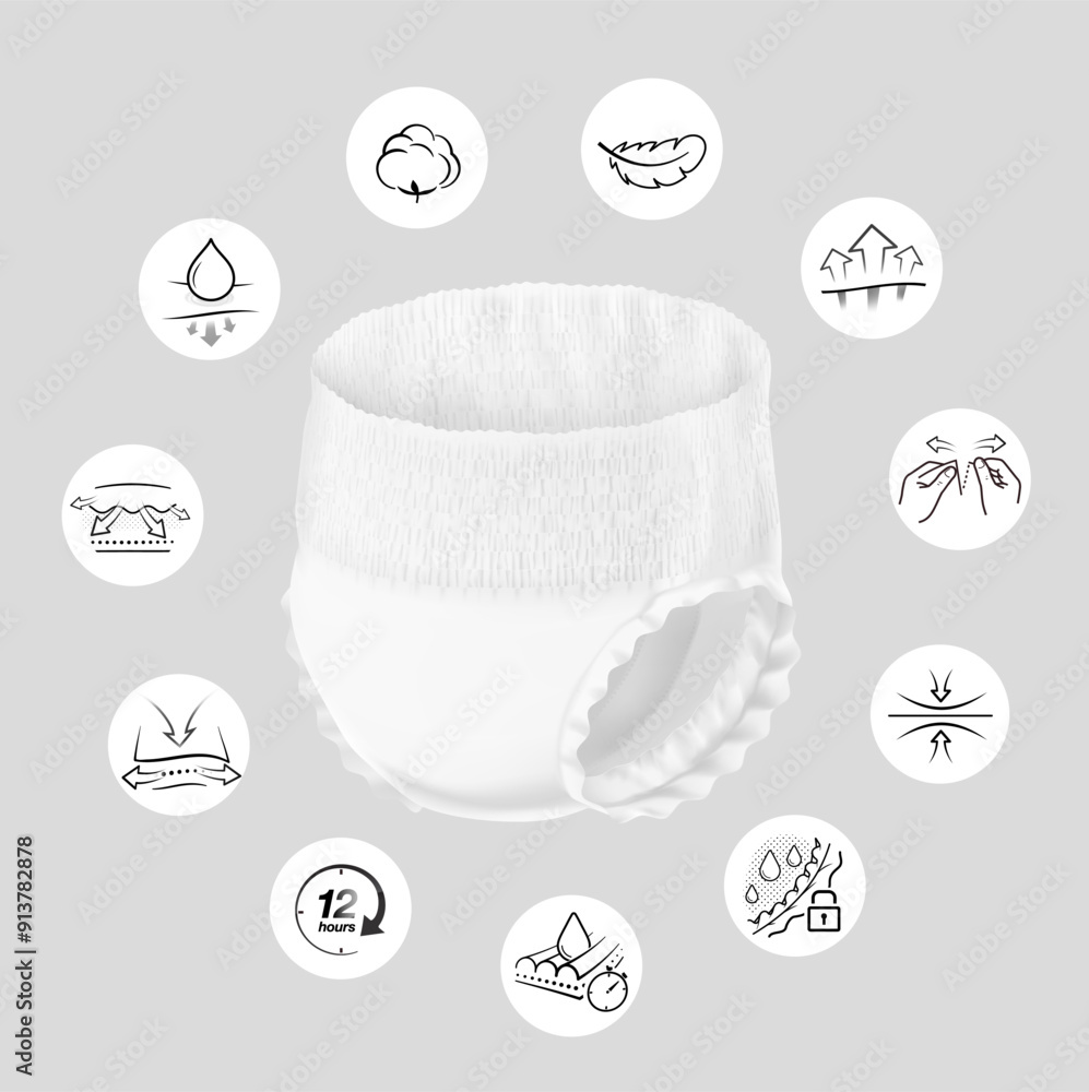 Detailed diaper pant mockup with set icons. Vector illustration ...