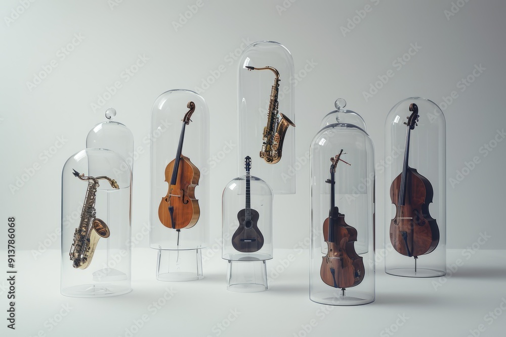 A minimalist photograph showcasing a series of antique bell jars, each ...