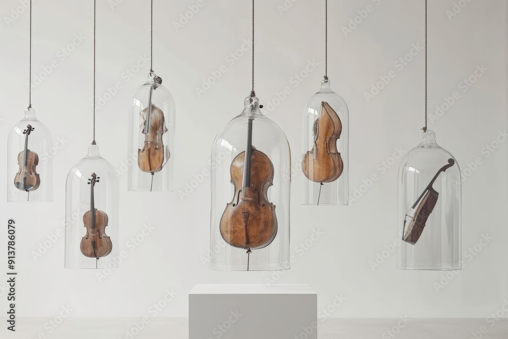 A minimalist photograph showcasing a series of antique bell jars, each ...