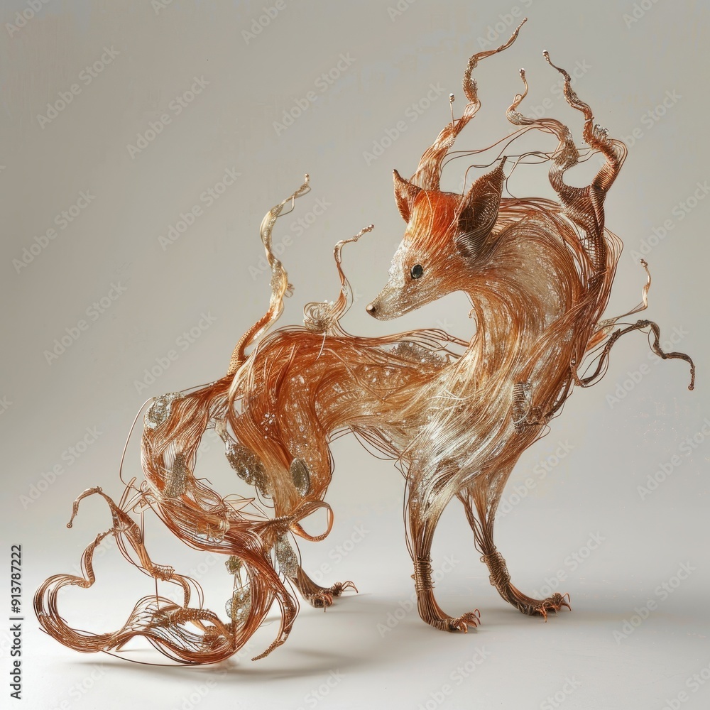 A mixed-media sculpture of a kitsune crafted from copper wire and semi ...