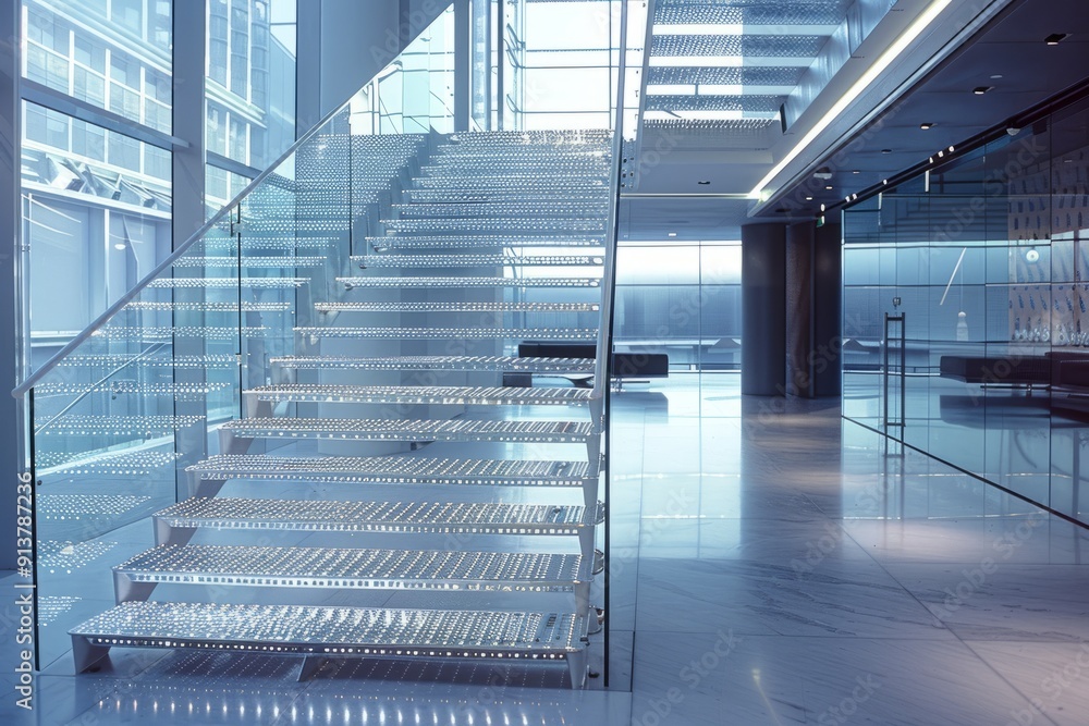 A modern architectural interior featuring a staircase with perforated ...
