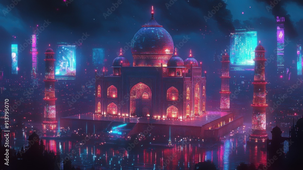 A cyberpunk depiction of the Taj Mahal, glowing with neon accents and ...