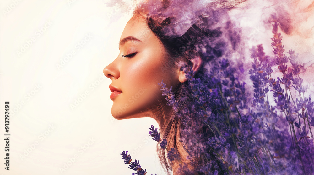 An evocative and artistic blend captures a woman's profile softly ...