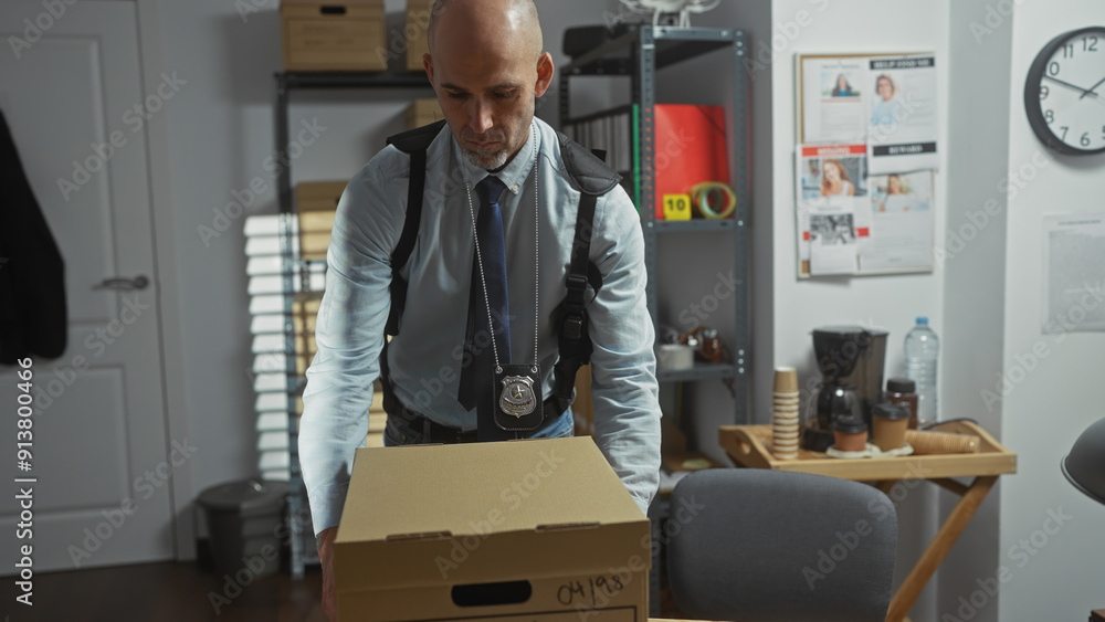 A bald man carrying a box in a police station, with a visible badge, in ...