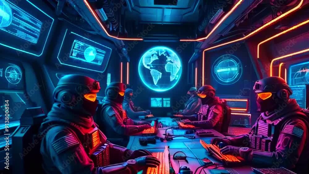 Futuristic command center with soldiers in helmets working on computers ...