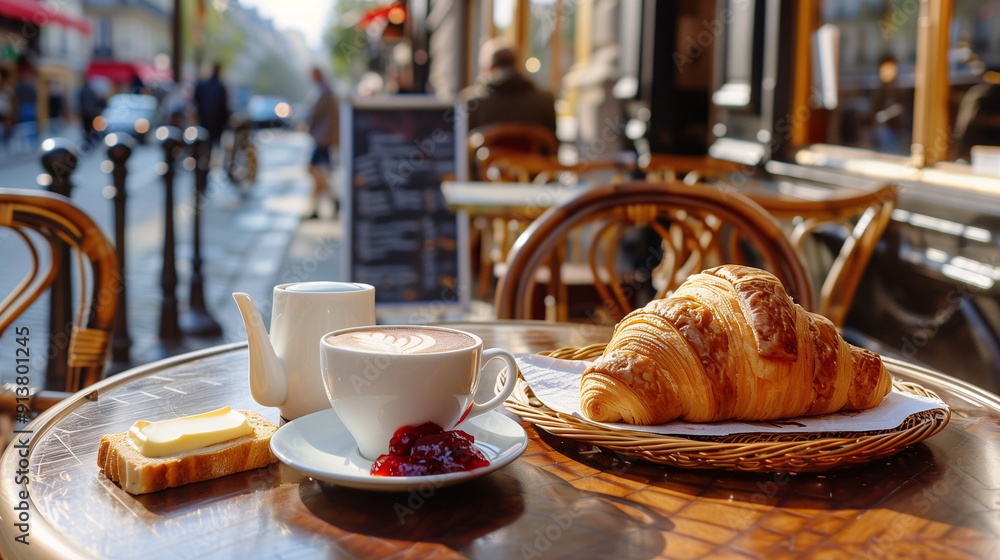 a classic French breakfast, including a freshly baked croissant, a ...