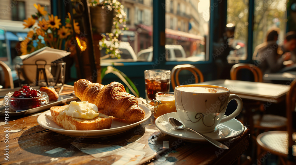a classic French breakfast, including a freshly baked croissant, a ...