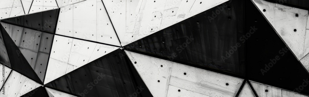 A black and white photograph captures the geometric patterns of metal ...