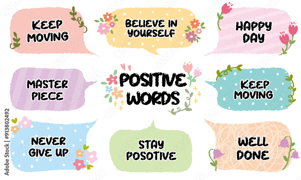 Comic style cute quote colorful speech bubble with positive words. Set ...