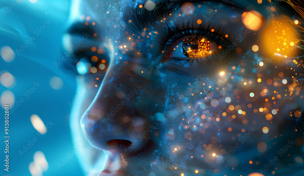 Virtual Visionary, Showcase an abstract digital face with visionary ...