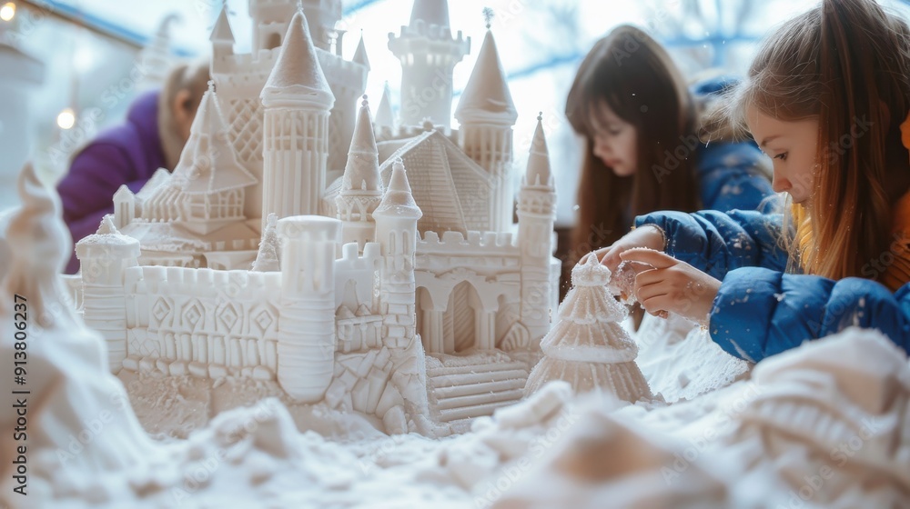 Two young girls work together to construct a detailed snow castle ...