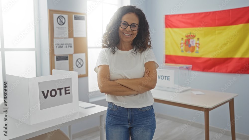 Hispanic woman standing with crossed arms in an electoral room with ...