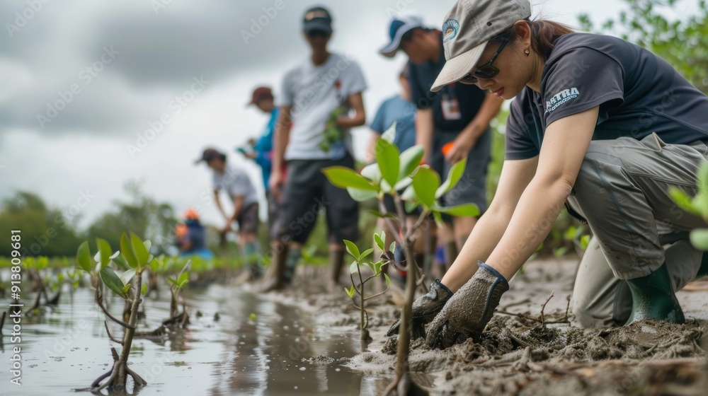 Team of Volunteers Planting Mangroves for Coastal Restoration and ...