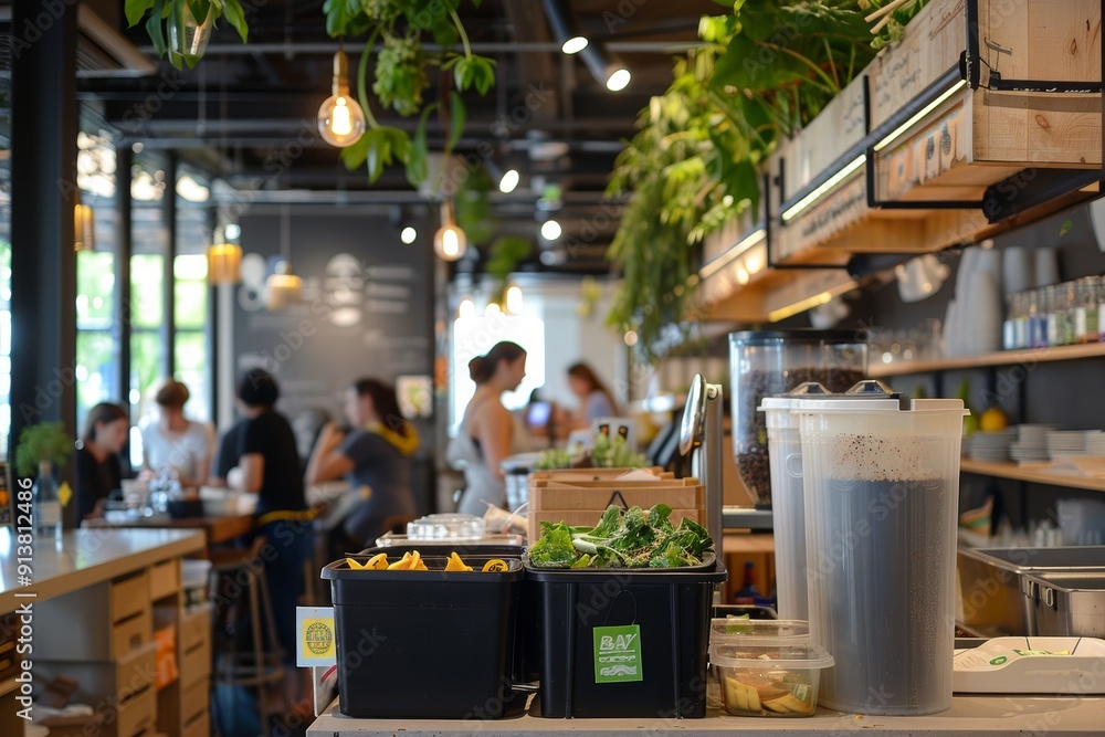 Eco-Friendly Cafe Interior With Recycling, Composting, and General ...