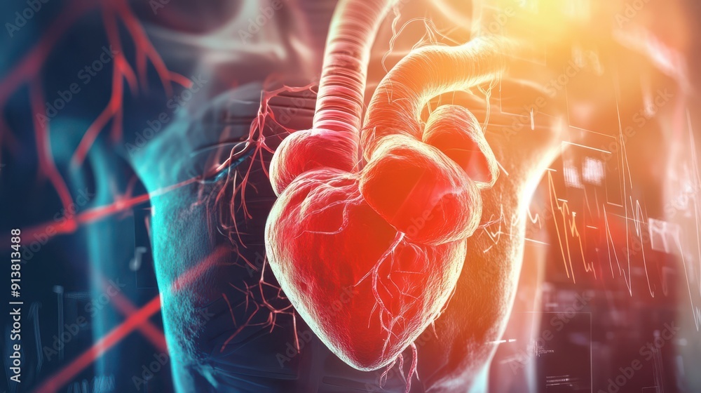 Medical illustration of a human heart with surrounding arteries ...